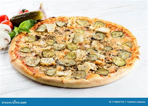 Appetizing Hot Italian Pizza With Cheese Mushrooms And Cucumber Stock