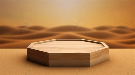 눈길을 끄는 제품 디스플레이 나무 액센트와 모래 표면을 갖춘 3d 렌더링 팔각형 연단 눈길 배경 연단 배경 제품