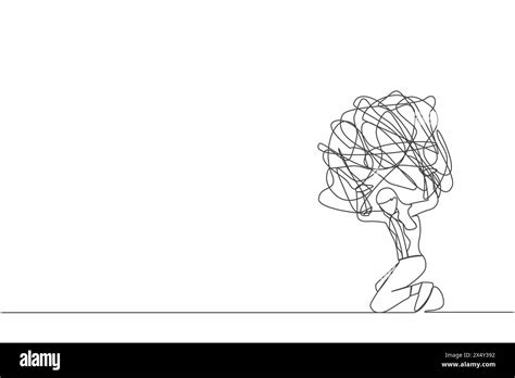 Single One Line Drawing Frustrated Businesswoman Carrying Heavy Messy