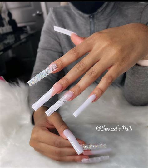 Glittery Acrylic Nails French Tip Acrylic Nails Long Square Acrylic