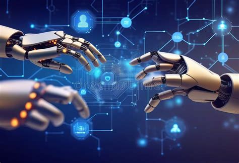 ai machine learning hands of robot and human touching on big data