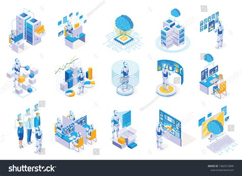 Robotic Process Automation Isometric Icons Collection Stock Vector