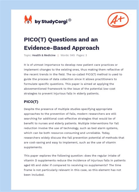 PICO T Questions And An Evidence Based Approach Free Essay Example