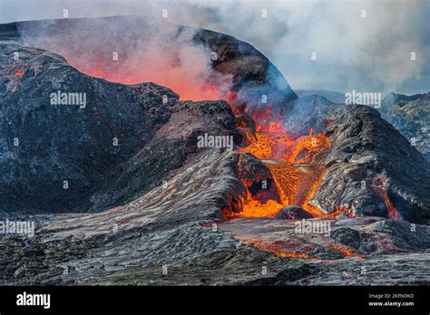 Details Of A Volcanic Crater Opening Lava Flows In Small Amount From