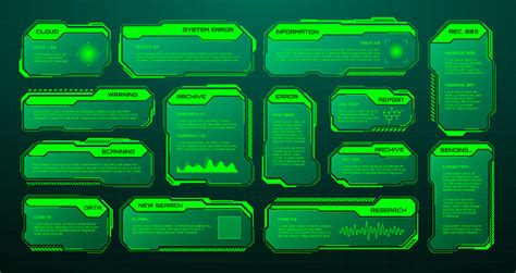 녹색 미래 지향적 Hud Ui 요소 공상 과학 사용자 인터페이스 텍스트 상자 설명선 경고 메시지 프레임 정보 상자 템플릿입니다