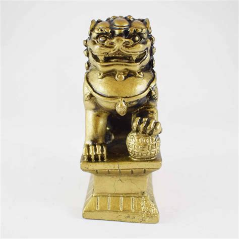 Feng Shui Pair Of Brass Fu Dogs Guardians Of Wealth With One Leg On