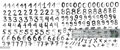 손으로 그린 숫자로 채워진 7 개의 긴 행 고르지 않은 모양과 변색으로 좁은 선으로 단단히 채워진 직사각형 흰색 종이 시트 독특한 타이포그래피가있는 추상적 인 벡터