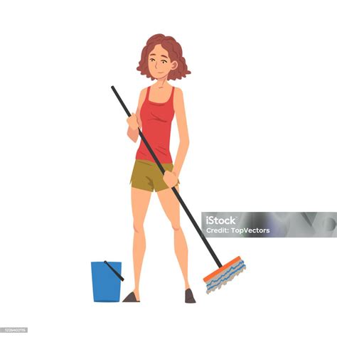 바닥을 걸레질 젊은 여자 주부 캐릭터 가정 활동 하우스 키핑 일상 업무와 집안일 만화 벡터 일러스트 가사 집안일에 대한 스톡