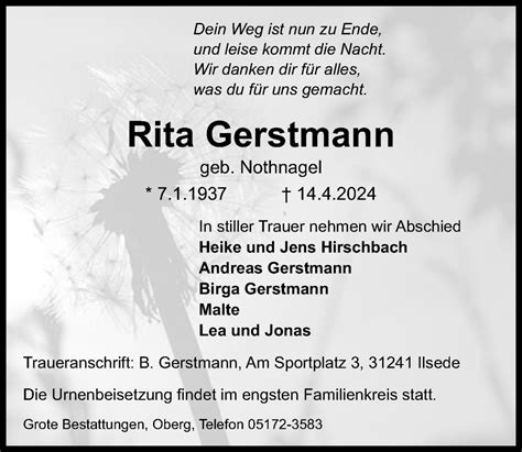 Traueranzeigen Von Rita Gerstmann Trauer Anzeigen De
