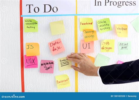 Man Attaching Sticky Note To Scrum Task Board In Office Stock Photo Image Of Physical Goal