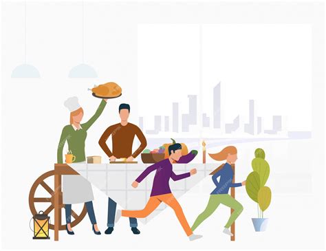 휴일 음식 테이블에서 가족 무료 벡터