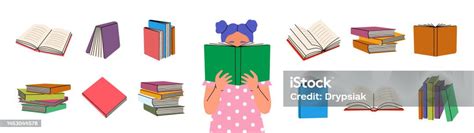 책을 읽는 여자 책 더미 닫힌 책과 열린 책 서점 도서관 서점에 대 한 벡터 그림입니다 문학 사전 기획자 책에 대한 스톡 벡터 아트 및 기타 이미지 Istock