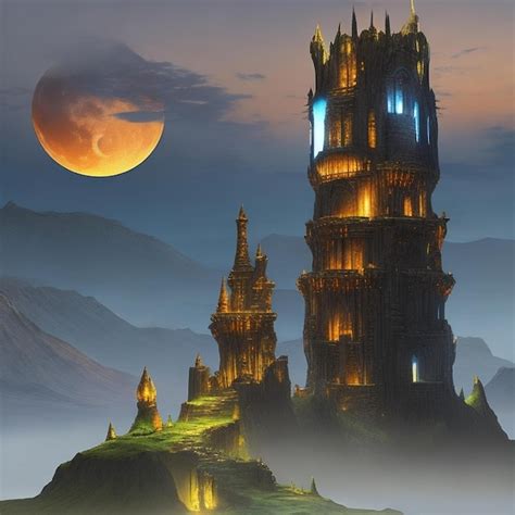 Fantasy Volcanic Tower With Moon Behind Premium Ai Generated Image