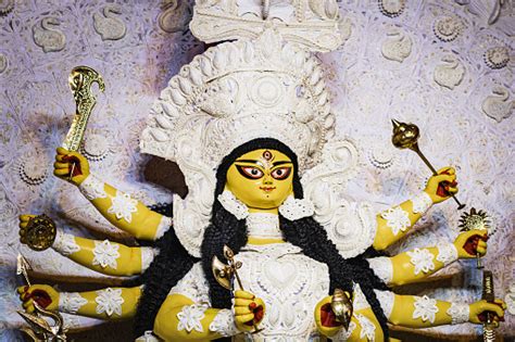 Goddess Durga Idol In Traditional Daker Saaj Style During Durga Puja