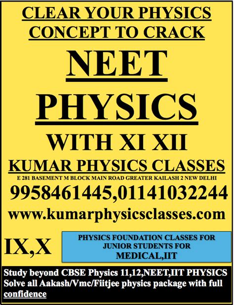 Neet Physics With Class 1112 Syllabus Kumar Physics Classes E 281 Basement E Block Main Road