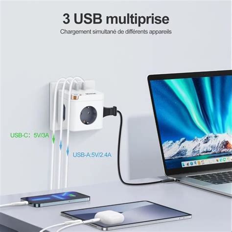 Multiprise Electrique Usb C 3680w Bloc Multiprises Murale 3 Prises 6en 1 Chargeur Secteur 3 Usb