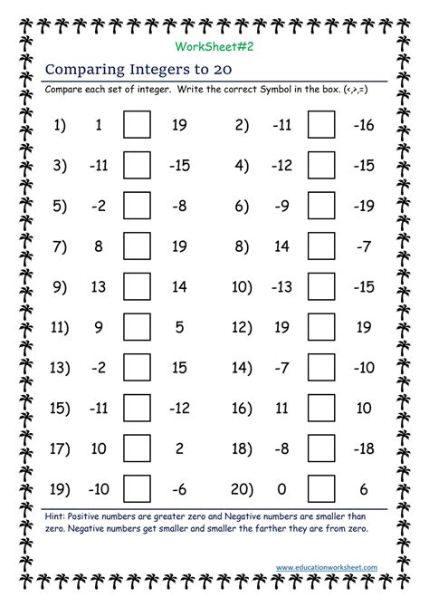 Integer Expression Comparison Exercises By Education Worksheet Sep