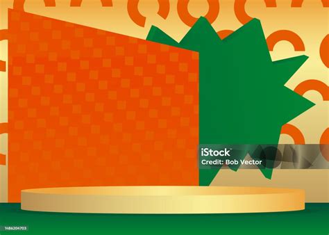 추상적인 주황색 녹색 금색 무대 쇼케이스 모형 제품 실린더 받침대 연단 디스플레이 벡터 최소 기하학적 형태 빈 장면 3차원 형태에 대한 스톡 벡터 아트 및 기타 이미지