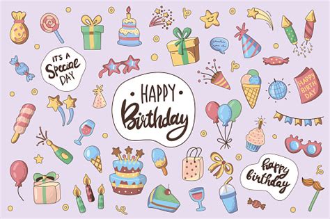 생일 축하 귀여운 스티커는 평면 만화 디자인으로 설정되어 있습니다 케이크 양초 아이스크림 샴페인 유리 파티 화환 선물 및 기타의