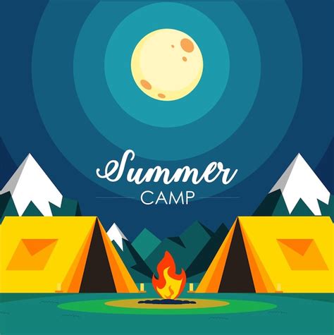Une affiche pour un camp d été avec un feu de camp et des montagnes en arrière plan Vecteur