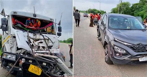 Tata Harrier Gets Squeezed Between Two Trailers Keeps All Safe Car