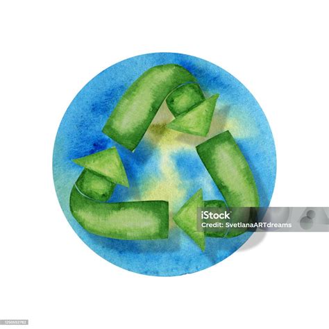녹색 재활용 사이클 화살표 아이콘입니다 수채화 손 은 지구 배경에 고립 된 그림을 그린 생태 디자인 개념 재활용 에코 제로 폐기물 라이프 스타일 0에 대한 스톡 벡터 아트