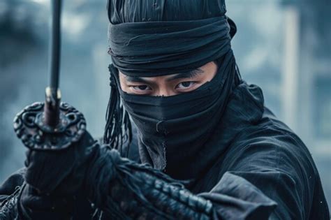 Skilled Japanese Ninja Warrior Strikes A Pose Donning Stealthy Black