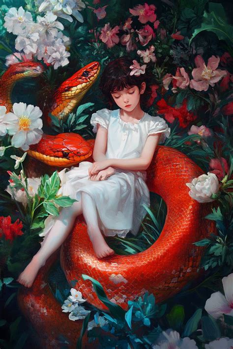 소년이 붉은 뱀 위에 앉아 있으며 주변은 화려한 꽃들로 둘러싸여 있다 흰 드레스를 입고 도전에 대비하는 모습이다