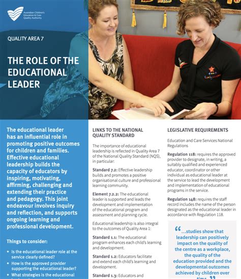 ACECQA Information Sheet QA7 The Role Of The Educational Leader Early Education Leaders Peer