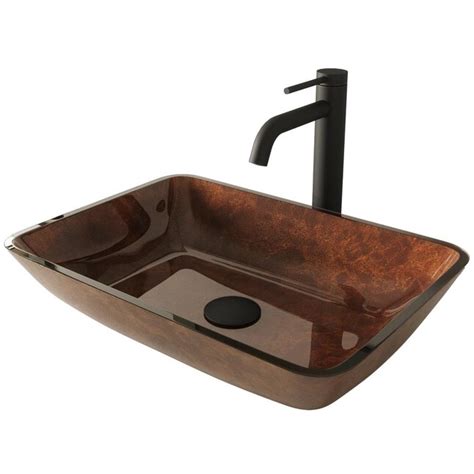Vigo Russet Red And Brown Fusion Glass Vessel Rectangular Modern Bathroom Sink With Faucet Drain