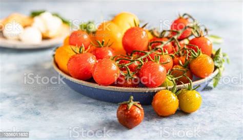 세라믹 플레이트 파란색 콘크리트 배경에 물 방울다채로운 토마토의 다양한 건강한 식사 또는 채식주의 개념 빨강에 대한 스톡 사진 및 기타 이미지 Istock