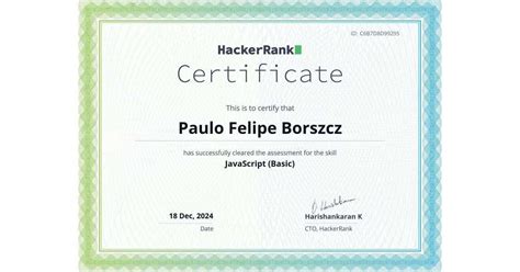 Acabei De Concluir O Certificado Hackerrank Javascript Basic Paulo