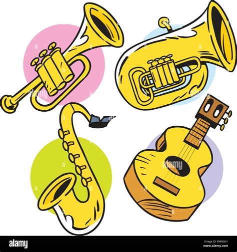 The Illustration Shows Some String And Wind Musical Instruments Illustration Done In Cartoon
