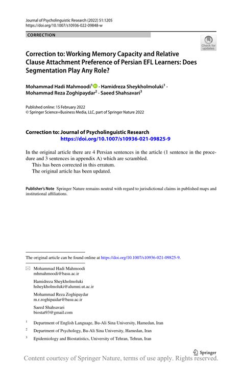 Correction To Working Memory Capacity And Relative Clause Attachment