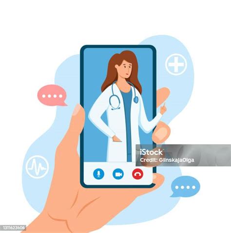 온라인 의사 의료 상담 벡터 일러스트 화면에 치료사 캐릭터 화상 통화와 스마트 폰과 만화 평면 인간의 손 온라인 의료 자문 상담