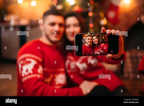 Love Couple Makes Selfie On Phone Camera Romantic Xmas Celebration