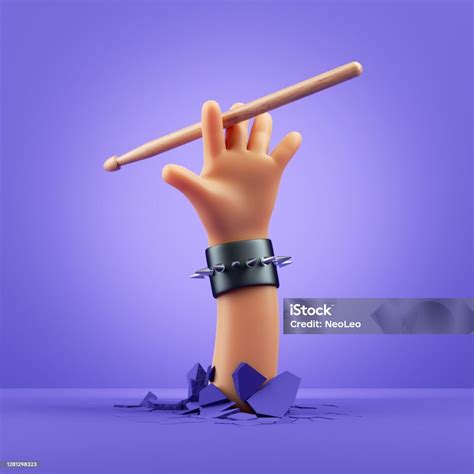 3d 렌더링 만화 캐릭터 손은 드러머 스틱을 보유하고 있습니다 보라색 배경에 고립 된 록 콘서트 클립 아트 음악에 대한 스톡