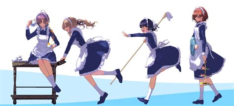 Safebooru 4girls Apron Asakura Toru Black Footwear Black Hair Blue