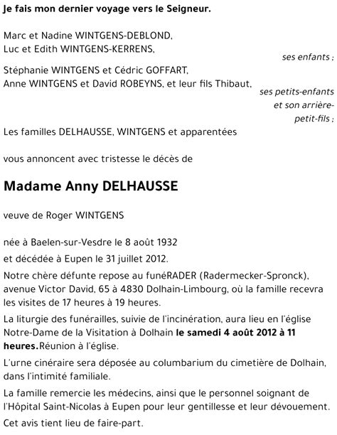 Avis De Décès De Anny Delhausse Décédé Le 31072012 à Eupen Annonce
