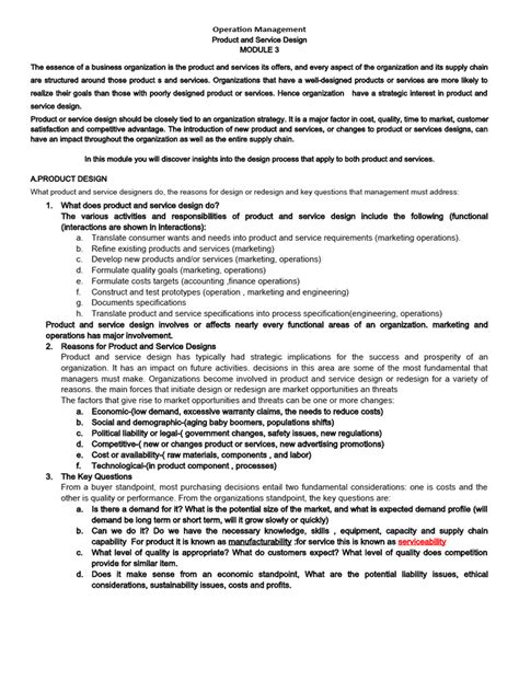 Opertion Management Module 3 Product And Service Design 23 24 Ss Pdf