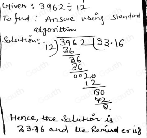 Solved 2 Solve Using The Standard Algorithm 3962 ÷12 Algebra