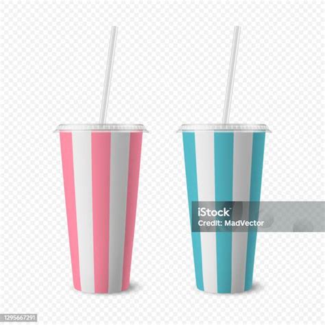 벡터 3d 사실적 줄무늬 백서 일회용 컵 세트 뚜껑 음료용 빨대 음료 분리 음료 커피 소다 차 칵테일 밀크쉐이크 모형을 위한 포장의 디자인 템플릿 전면 보기 3차원 형태에