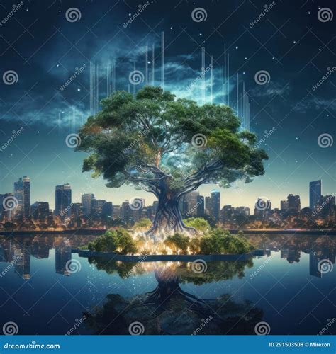Digital Tree With Sprouts And Binary Code In Glowing Futuristic Style Stock Illustration