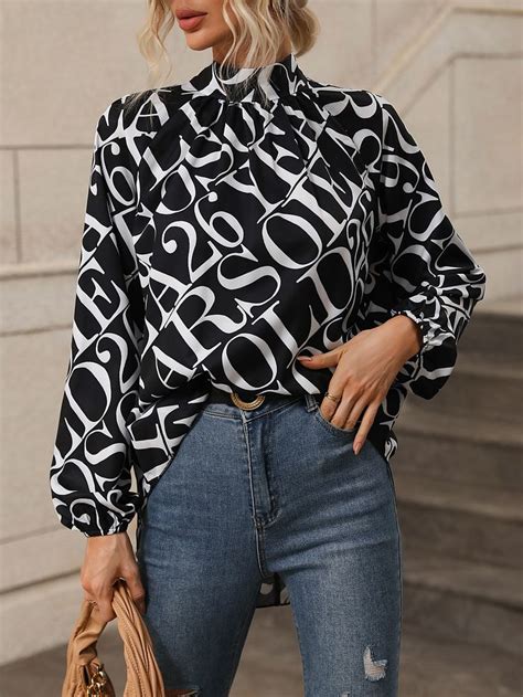 Allover Letter Print Mock Neck Lantern Sleeve Blouse