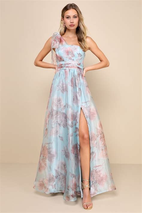 Blue Floral Dress Chic Organza Dress One Shoulder Maxi Dress Lulus