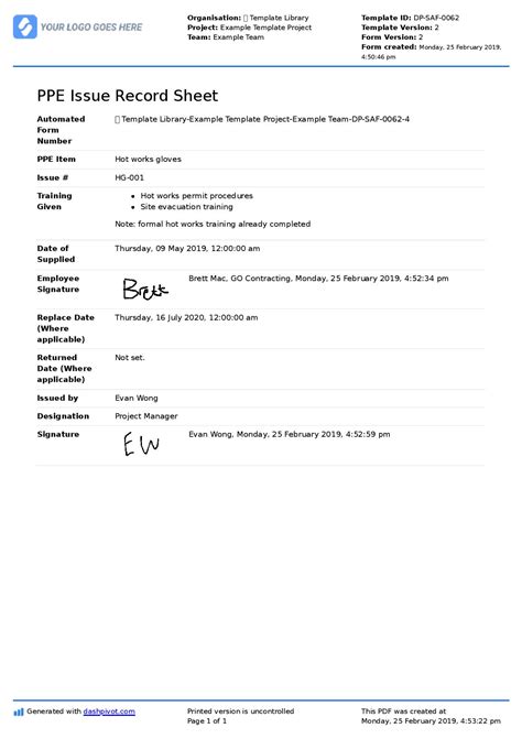 Ppe Issue Record Sheet Template Free And Customisable