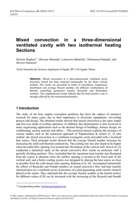 Pdf Mixed Convection In A Three Dimensional Ventilated Cavity With