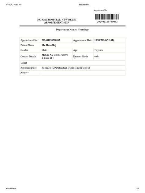Dr Ram Manohar Lohia Hospital Appointment Slip Mr Hans Raj Pdf