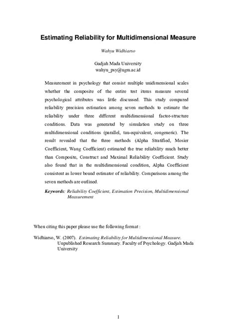 Pdf Estimating Reliability For Multidimensional Measure