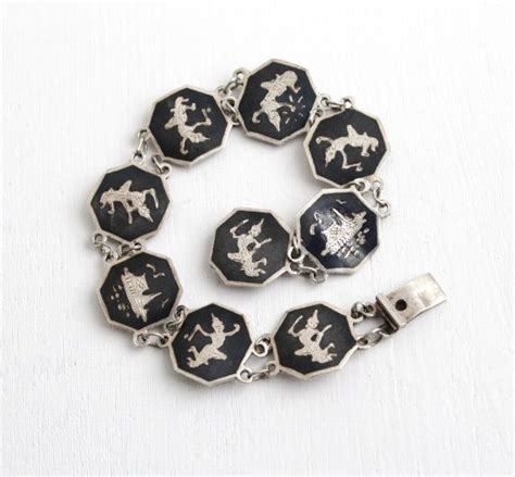 Sale Vintage Sterling Silver Siam Bracelet Goddess Thai Niello